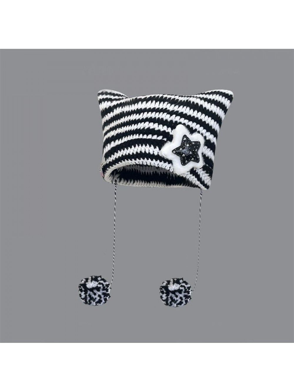 Five star cat ears striped Demon thermal pullover hat Knitted ball ball ...