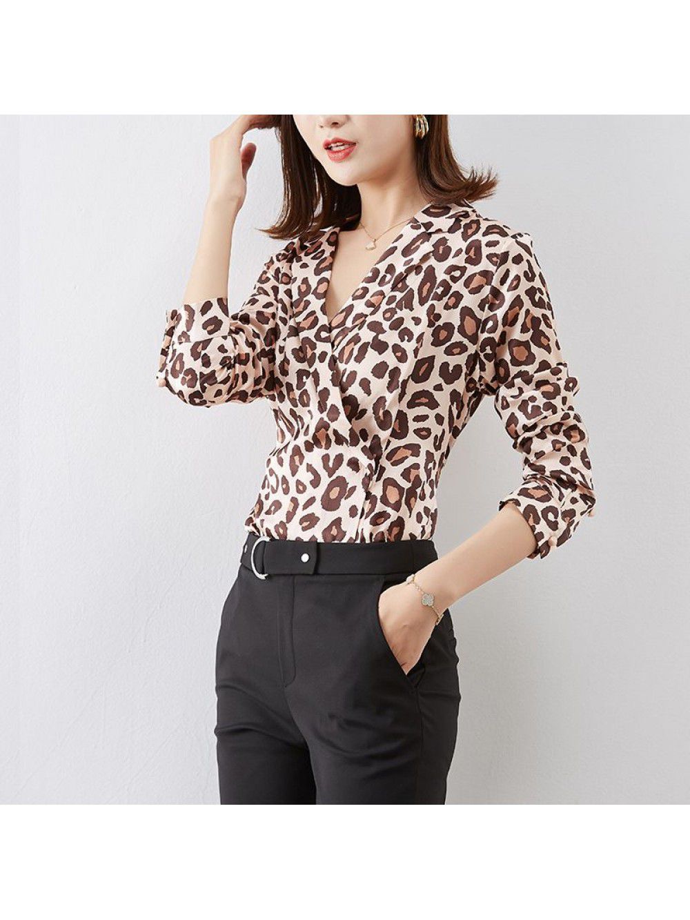 Leopard print silk shirt spring women's new simple casual Satin shirt ...